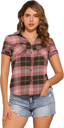 Allegra K Damen Kariertes Hemd Shirt Kariert Kurzarm Classic Oberteil mit Taschen Karo Bluse Rosa Blau XS