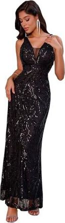 Angel Fashions Robe de soirée sirène à Paillettes pour Femme Col en V Profond - Motif Branches darbre Dos Nu Nouveau Noir 46