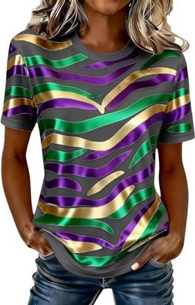 Generic T-shirt d&eacute;contract&eacute; &agrave; manches courtes et col rond pour femme - Imprim&eacute; abstrait &agrave; rayures color&eacute;es - T-shirt d&eacute;t&eacute; doux et extensible pour le travail, 