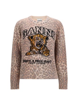 Ganni Womens Sweater Tiger-Print Almond Milk Merino Wool