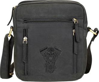 MDM Sac à bandoulière en cuir véritable avec tête de mort en V et double gaufrage vintage pour le quotidien, Noir, Mittelgroße