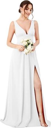 Ever-pretty Robe pour Mariage Invité Longue Fendue Femme Col V Mousseline de Soie sans Manche A Line Chic Blanc 46