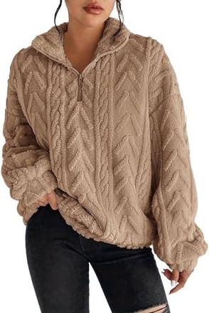 Generic Pull doubl&eacute; en polaire pour femme avec fermeture &eacute;clair quart de col montant - Pull dhiver chaud surdimensionn&eacute; en peluche douce &agrave; manches longues, ka