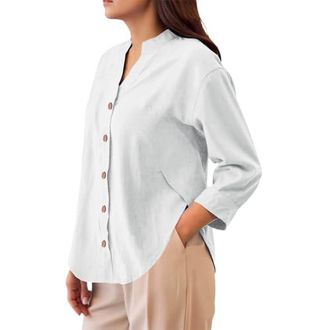 Generic Chemises en lin pour femme, chemisiers en coton et lin pour femmes, chemises d&eacute;t&eacute; en coton avec col en V, boutons, manches longues, chemisier respiran