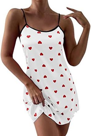 Generic Mini robe pour femme avec coeurs - Chemise de nuit courte - Pyjama en coton - Bretelles spaghetti - Haut dété - Robe décontractée sexy - Grandes taill
