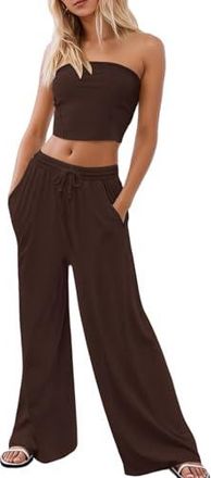 Generico Ensemble d&eacute;contract&eacute; pour la plage 2 pi&egrave;ces haut ajust&eacute; sans bretelles et pantalon Palazzo avec poches Pantalon de plage taille haute avec cordon de s