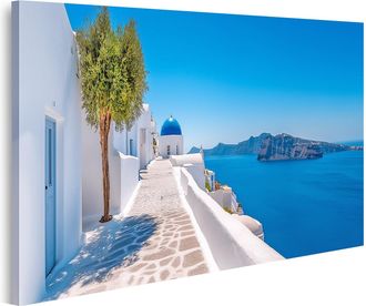 Islandburner Bild auf Leinwand Blaue Kuppel und wei&szlig;e W&auml;nde in Santorini Blick auf das Meer f&uuml;r Wohnzimmer Reiseliebhaber Reiseb&uuml;ro Bilder Wandbilder Poster