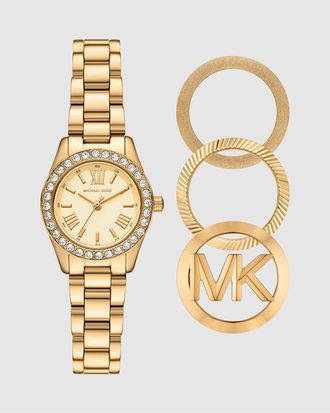 Michael Kors Lexington 3-Zeiger-Uhr aus Edelstahl in Goldoptik und austauschbares L&uuml;netten-Set in Gold