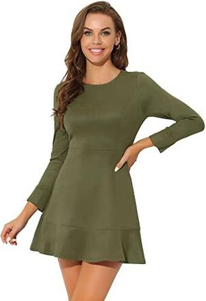 Allegra K Mini-Robe d&eacute;contract&eacute;e en Faux Daim &agrave; col Rond et Ourlet &agrave; Volants de No&euml;l pour Femme Arm&eacute;e Verte XL