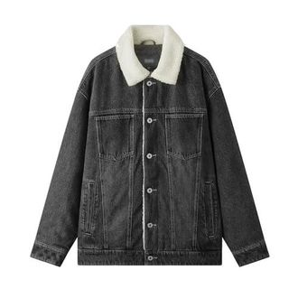 Generic NYSBH Veste en jean pour homme - Manteau dhiver en coton - Style r&eacute;tro vieilli - Imitation laine dagneau - Revers tendance, Cowboy noir d&eacute;lav&eacute;, XXL