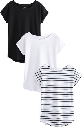 Next Damen T-Shirts mit Fl&uuml;gel&auml;rmeln, 3er-Pack Schwarz/Wei&szlig;/Streifen 34