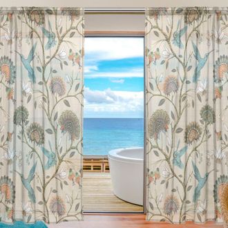 Alaza Durchsichtiger Voile-Vorhang mit Kolibri und Blumen, Polyester-Material f&uuml;r Schlafzimmer, Dekoration, Zuhause, T&uuml;rdekoration, K&uuml;che, Wohnzimmer, 2 Pan