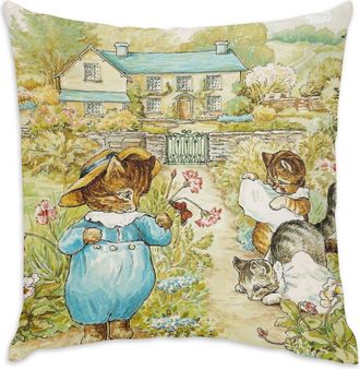 Fabulous Kissenbezug aus Samt, Motiv Tom Kitten und seine Freunde, Kätzchen, Motiv Kinder, Beatrice Potter, weiß, 40 x 40 cm, samtweich