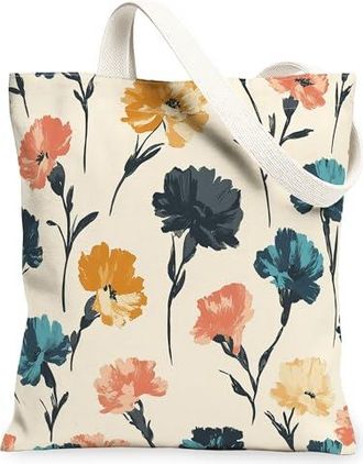 Generic Sac fourre-tout en toile avec oeillets de printemps pour le shopping, 33 x 38 cm, motif floral r&eacute;tro vintage, sac d&eacute;picerie r&eacute;utilisable pour femme, e
