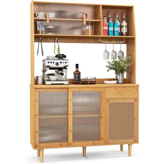 Costway Costway - Buffet Cuisine, Armoire de Cuisine en Bambou, Placards &agrave; Porte Coulissante, Tiroir, Porte-Verre, 3 Crochets, Meuble Cuisine Design Canange