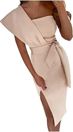Minetom Femme Élégante Col en V Robe sans Manche Unie Moulante Affaires Crayon Midi Robe de Soirée Mariage Cocktail C Beige XL
