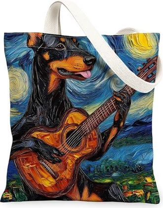Generic Doberman Sac fourre-tout r&eacute;utilisable en toile pour faire du shopping Motif guitare &eacute;toil&eacute;e 33 x 38 cm