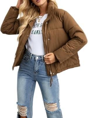 Generic Doudoune courte pour femme col montant hiver doudounes matelass&eacute;es chaudes manteaux (Kaki fonc&eacute;,Grand)