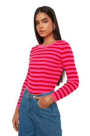 Trendyol Damen Trendyol Green Striped Knitwear Pullover Sweater, Rot, S EU