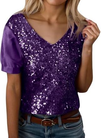 Generico Chemisier &agrave; paillettes avec col en V Grandes tailles - Haut brillant &eacute;l&eacute;gant &agrave; manches courtes et paillettes - Haut pour f&ecirc;tes et cocktails - Haut bri