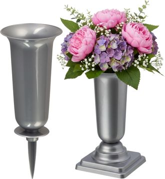 Matches 21 Wetterfeste Grabvasen mit Erdspie&szlig; und Sockel (31, 32 cm) Silber - 2 Friedhofsvasen als Grabschmuck