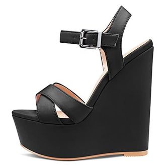 Castamere Femmes Haut High Compens&eacute; Plate-forme Talon Heel 15 CM Heels Ouvert Bout Sandales Lani&egrave;res Cheville Boucle Sexy Dress Mariage Noir Satin 42 EU