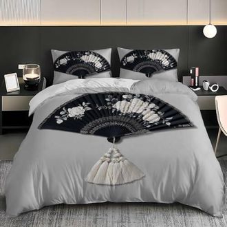 Generic Housse de Couette 200x200 &eacute;ventails Pliants Parure de Lit 2 Personnes Style Oriental R&eacute;tro Imprim&eacute;e 3D Microfibre Literie Set 3 Pi&egrave;ces avec Housses Co