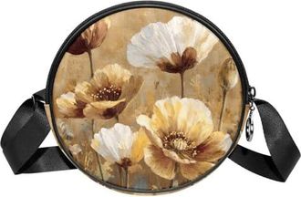 Generic Sac &agrave; bandouli&egrave;re rond pour femme, motif coquelicot dor&eacute;, petit sac &agrave; bandouli&egrave;re avec fermeture &eacute;clair, bretelles r&eacute;glables, sac &agrave; main rond d&eacute;contra