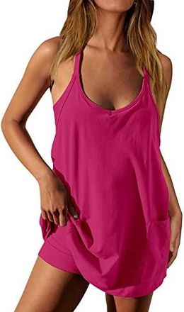 Generic Salopette courte pour femme, combinaison d&eacute;t&eacute; d&eacute;contract&eacute;e sans manches &agrave; bretelles, combinaison unie, sexy, col rond, combinaison simple et ample, co