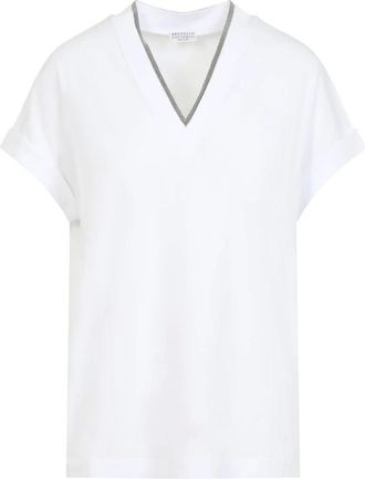 Brunello Cucinelli Femme, Tops, Blanc, Taille: 38 FR T-Shirt Col V Monile