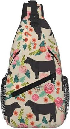 Generic Sacoche Port&eacute; &eacute;paule Imprim&eacute; de vaches bovines &agrave; fleurs roses Antivol Sling Sac &agrave; Bandouli&egrave;re Multifonction Sac &agrave; Poitrine pour Voyage Cyclisme &eacute;cole