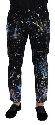 Dolce & Gabbana Mens Black Cotton Splash Print Denim Jeans Clothing