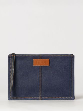 Fendi Pochette porte-documents en denim de coton avec logo emboss&eacute;