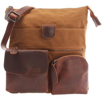 Leconi Umhängetasche Canvas & Leder kleine Schultertasche Handtasche Damen + Herren Vintage Retro Style 28x30x5cm braun cognac LE3011-C