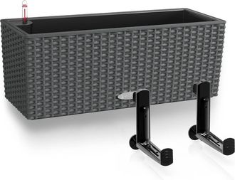 Lechuza Selbstbew&auml;ssernder Topf BALCONERA Cottage 50 Granit Kunststoff Balkon &Uuml;bertopf f&uuml;r Gel&auml;nder Rattanoptik Pflanzgef&auml;&szlig; H19 L50 B19cm Bundle mit schwarzen