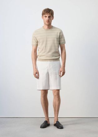 Mango T-shirt &agrave; rayures en maille sable - Homme - XXL - MANGO MAN
