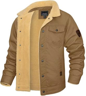 KEFITEVD Winter Cargo Jacken f&uuml;r M&auml;nner Winter Sherpa Gef&uuml;tterte Trucker Jacke Thermischer Warmer Winddichter Mantel mit Umlegepelz Kragen Khaki