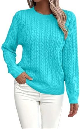 Generic Pull pour femme en tricot torsad&eacute; textur&eacute; de couleur unie col rond &agrave; manches longues pull confortable coupe d&eacute;contract&eacute;e pour automne, hiver, tenue d&eacute;