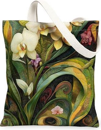 Generic Sac fourre-tout en toile avec fleurs dorchid&eacute;es printani&egrave;res pour le shopping, 33 x 38 cm, sac d&eacute;picerie r&eacute;utilisable pour femme, peinture esth&eacute;tique,