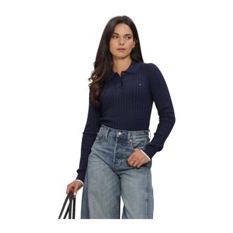 Tommy Jeans TJW Micro Cable Polo Pullover Ext - - Tops - Damen - Blau - XL