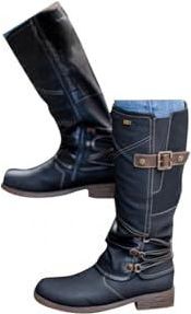 Generic Bottes mi-mollet &agrave; talons bas pour femme en similicuir - Chaussures de marche larges - Vintage - Fermeture &eacute;clair - Bottes mi-mollet pour femme - Bott