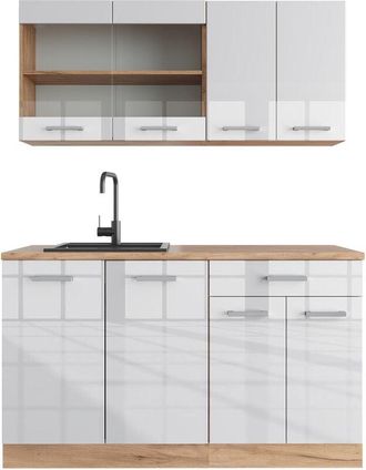 Vicco Singlek&uuml;che R-Line, Wei&szlig; Hochglanz/Goldkraft Eiche, 140 cm, ap Eiche