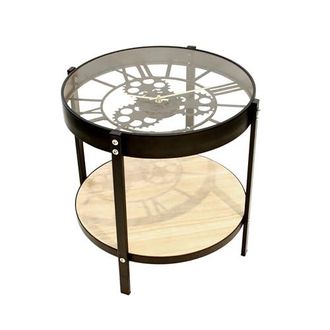 The Home Deco Factory HD6446 Table Basse dappoint avec Horloge, Fer, Noir, Transparent, 40,5 x 40,5 x 39 cm, Le m&eacute;canisme Fonctionne gr&acirc;ce a des Piles AA LR06 1.5V (Non fou
