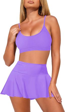 Pink Queen Damen 2-Teilig Bikini Set U-Ausschnitt Spaghetti Straps Hohe Taille Swim Rock Strand Badeanzug Violett XL