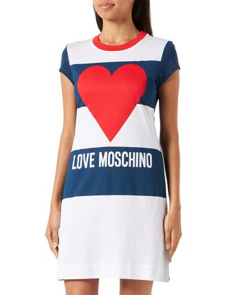 Love Moschino Slim fit A-line Short-Sleeved Dress in Stretch Cotton Fleece, Customized with Heart and Logo waterprint on Front