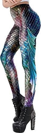 Feoya Halloween Leggings Femme 3D Taille Haute Legging Élastique Extensible Collant de Sport Legging Motif Sirene Tête de Mort Galaxy Citrouille A S