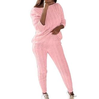 Generic Surv&ecirc;tements 2 pi&egrave;ces en tricot pour femme - Ensemble solide &agrave; col rond pour femme - V&ecirc;tements de d&eacute;tente chauds pour femmes - Ensemble de v&ecirc;tements d