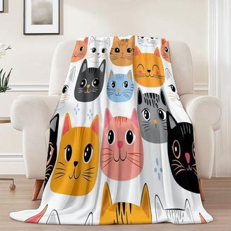 Generic Flanelle Couverture Polaire 150 x 200 cm, Douce et Confortable Légère Couverture avec Mignon Tête De Chat Motif - Blanc Impression Décoration pour Enf