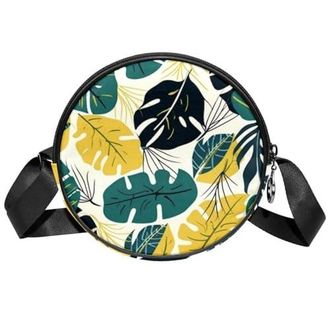 Generic Sac &agrave; bandouli&egrave;re rond pour femme, motif feuilles tropicales, sac &agrave; dos &agrave; bandouli&egrave;re avec fermeture &eacute;clair, bretelles r&eacute;glables, sac &agrave; main rond d&eacute;co