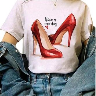 Keephen Femmes Talons Hauts Impression 3D T-Shirt Manches Courtes Pullover Tops Tee Mignon Graphique T-Shirts